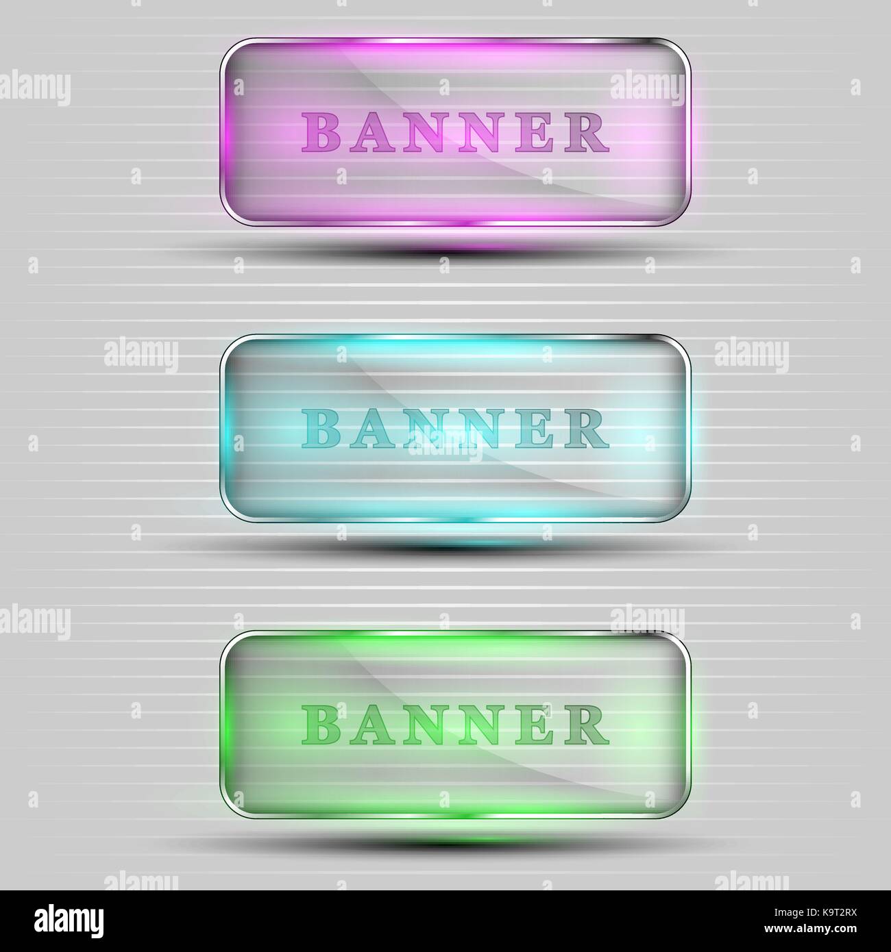 Set of three transparent banners of different colors on grey background ...