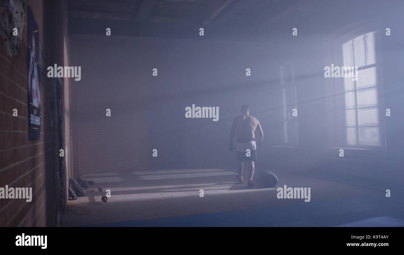 Empty modern fight club with punching bags of different shapes for ...