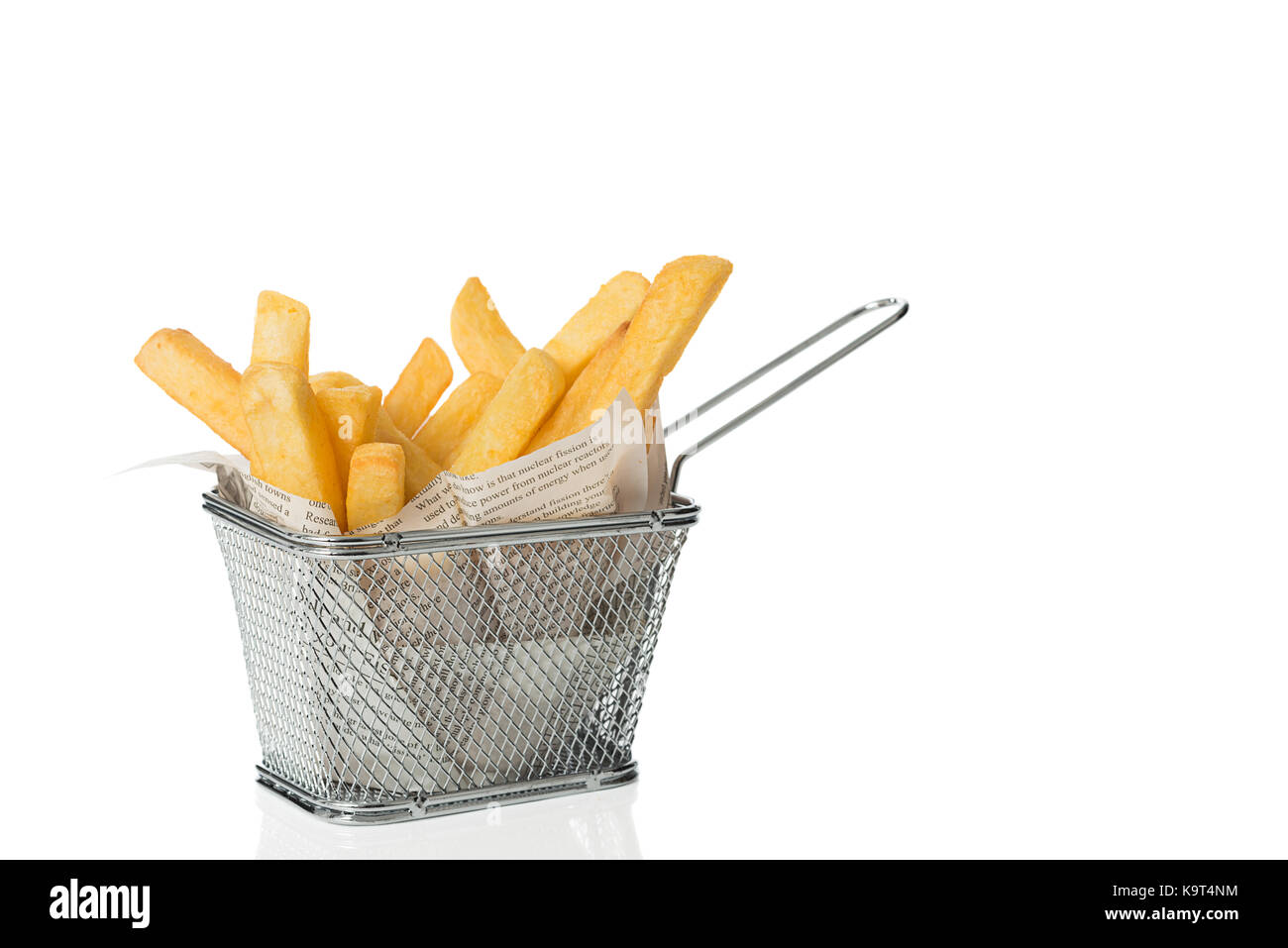 Portion of freshly cooked chips in a basket on a white background Stock ...