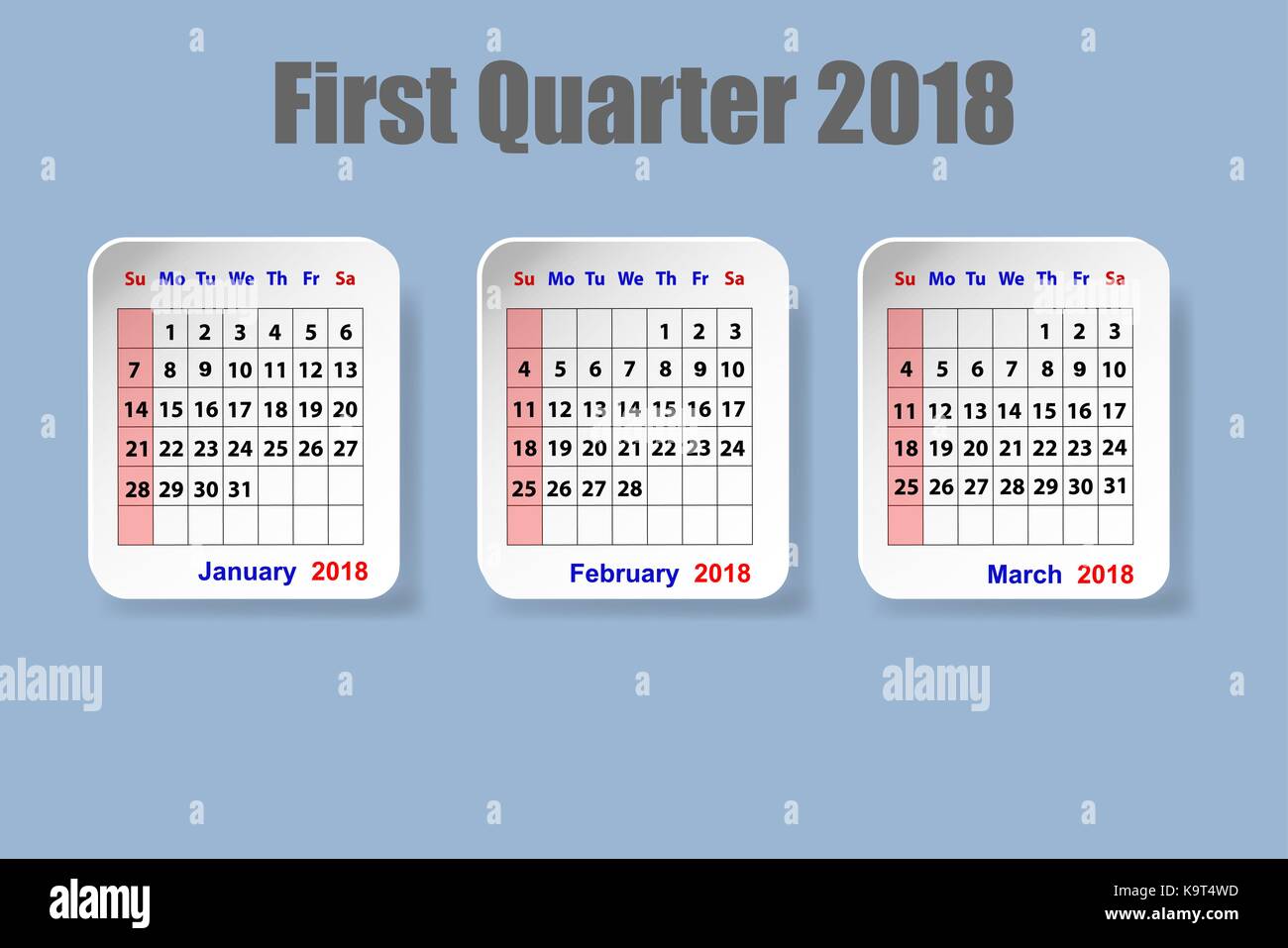 Calendar for first quarter of 2018 year on the blue background Stock ...