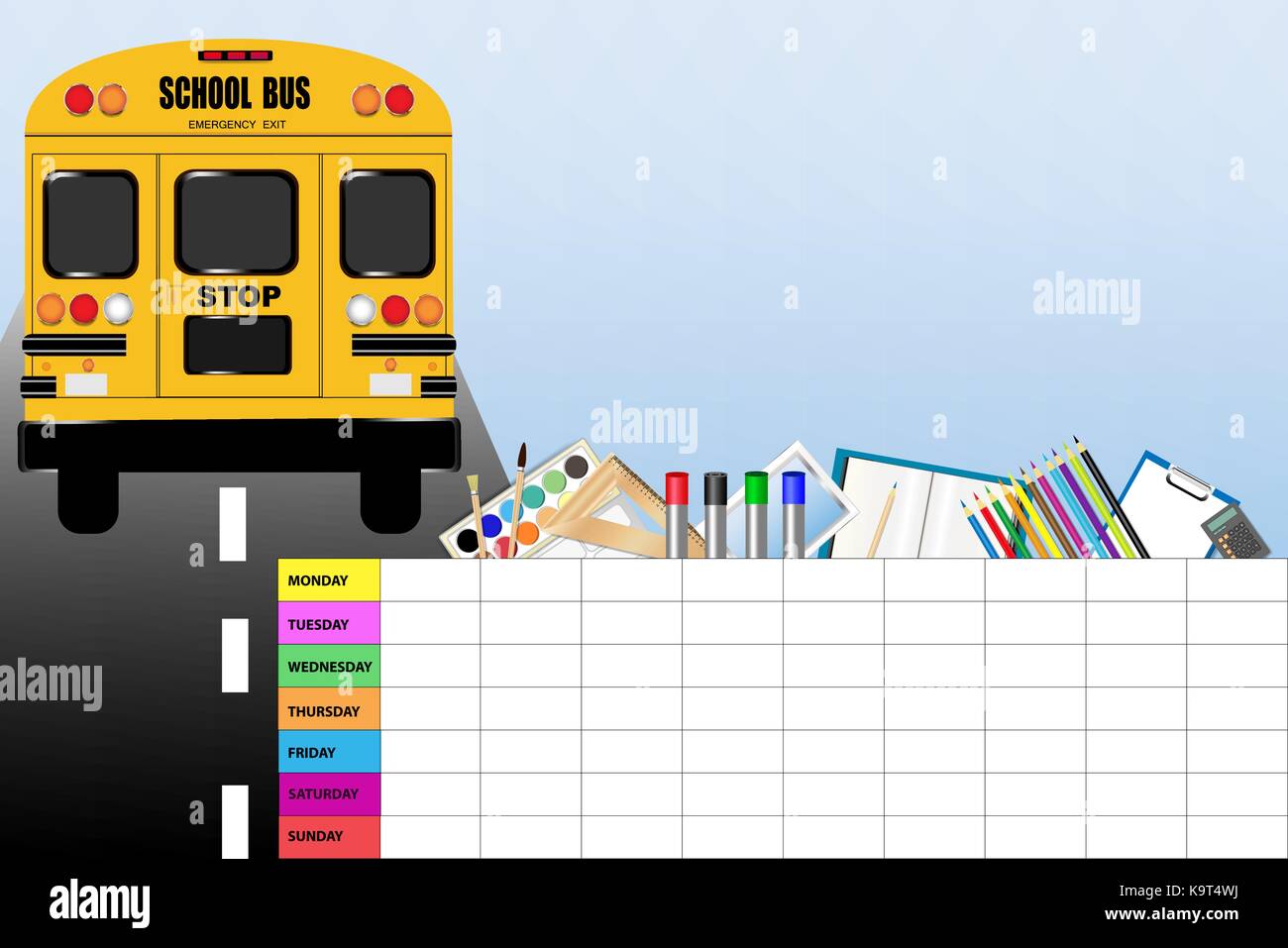 Weekly schedule for school with education equipment and school bus ...