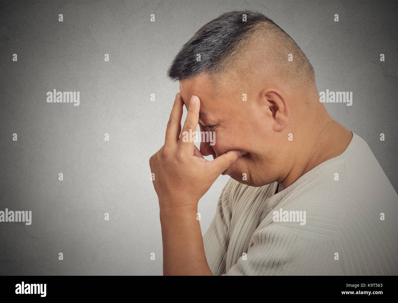Closeup side profile portrait sad bothered stressed middle aged man ...