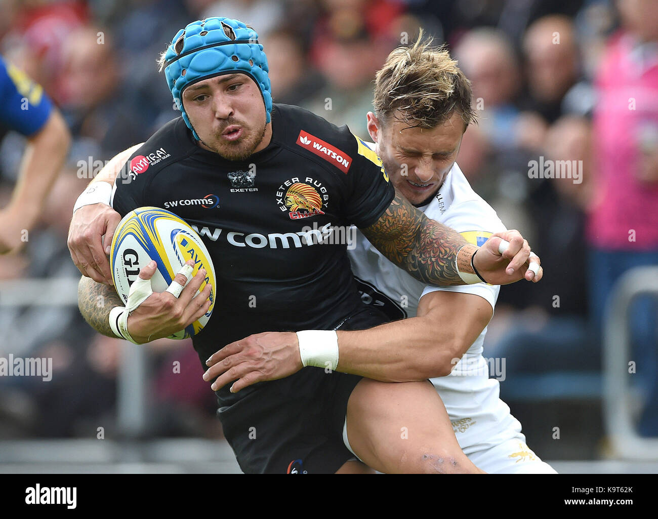 Exeter's Jack Nowell tackled by Wasps Josh Bassett during the Aviva ...