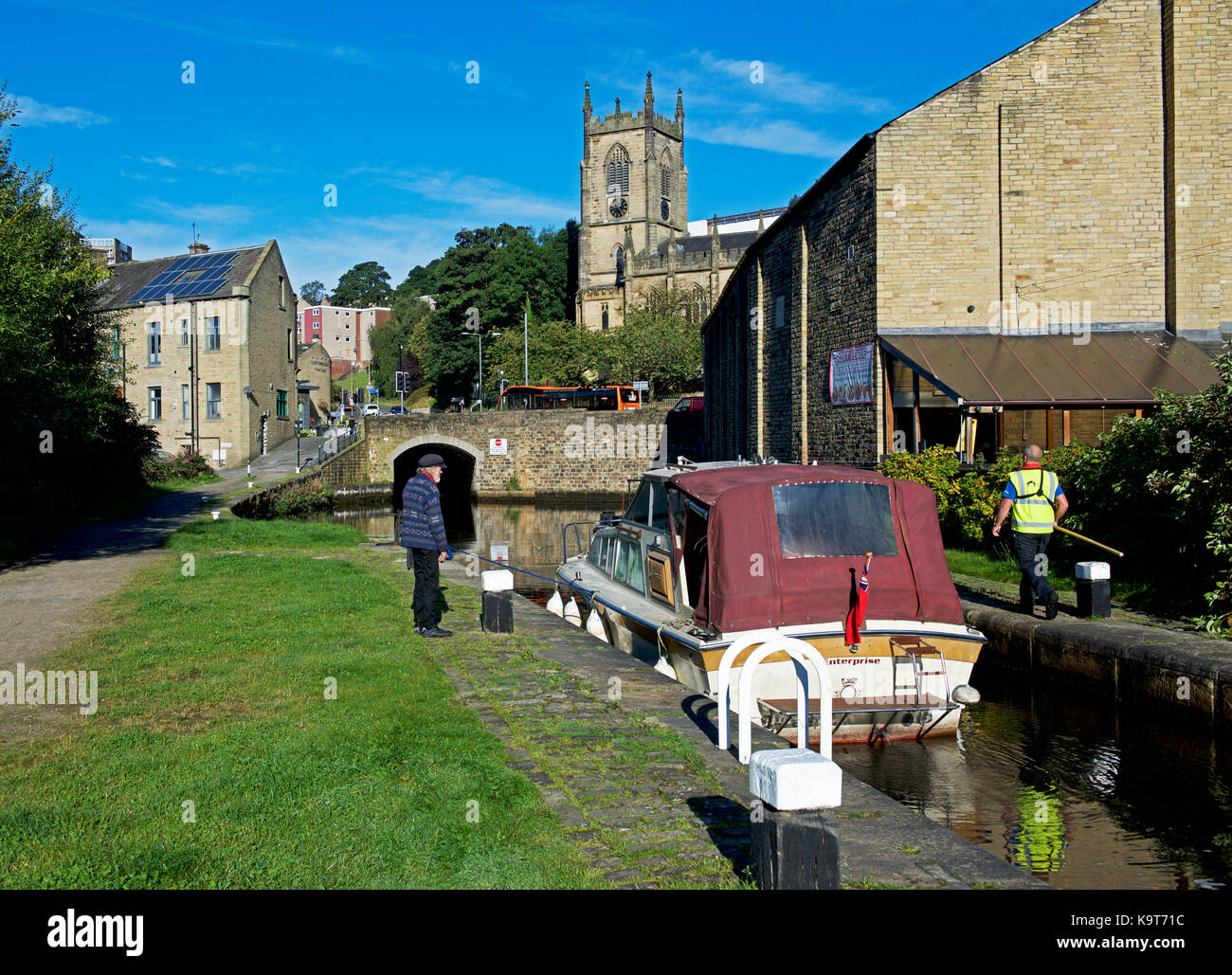 Boat in lock, the Rochdale Canal at Sowerby Bridge, Calderdale, West ...
