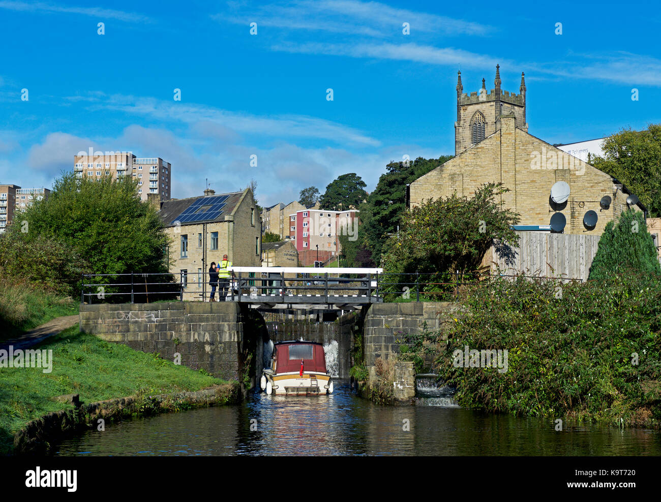 Boat entering lock, the Rochdale Canal at Sowerby Bridge, Calderdale ...
