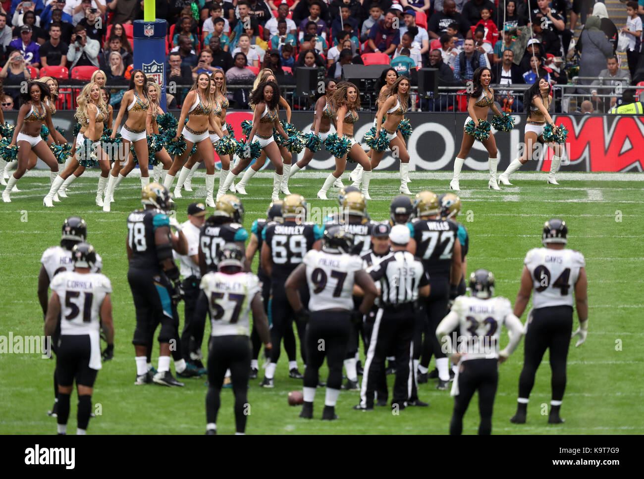 Jacksonville Jaguars cheerleaders perform during a break in play during ...