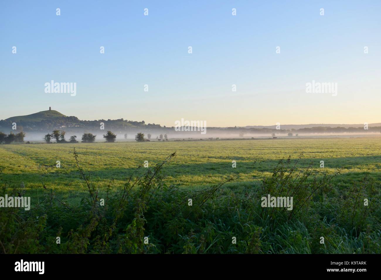 Sunrise over the Glastonbury moors in Somerset UK with low level mist ...