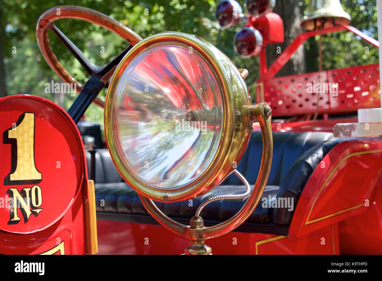 Detail of a brass lamp from an antique 1921 REO Boyer fire engine ...