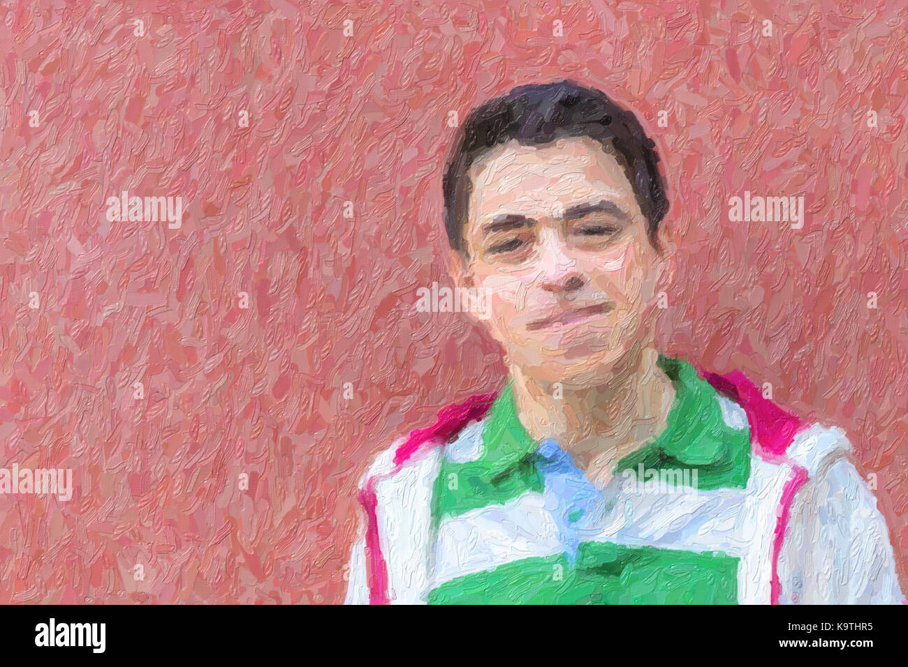 portrait of smiling handsome boy with pimples and acne skin on red ...