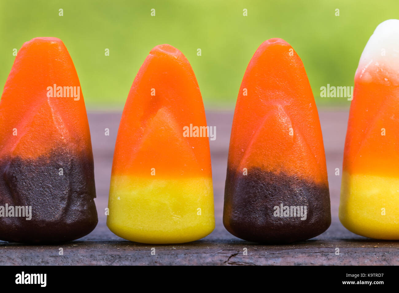 Horizontal closeup photo of 4 candy corns in a row on a wood base Stock ...