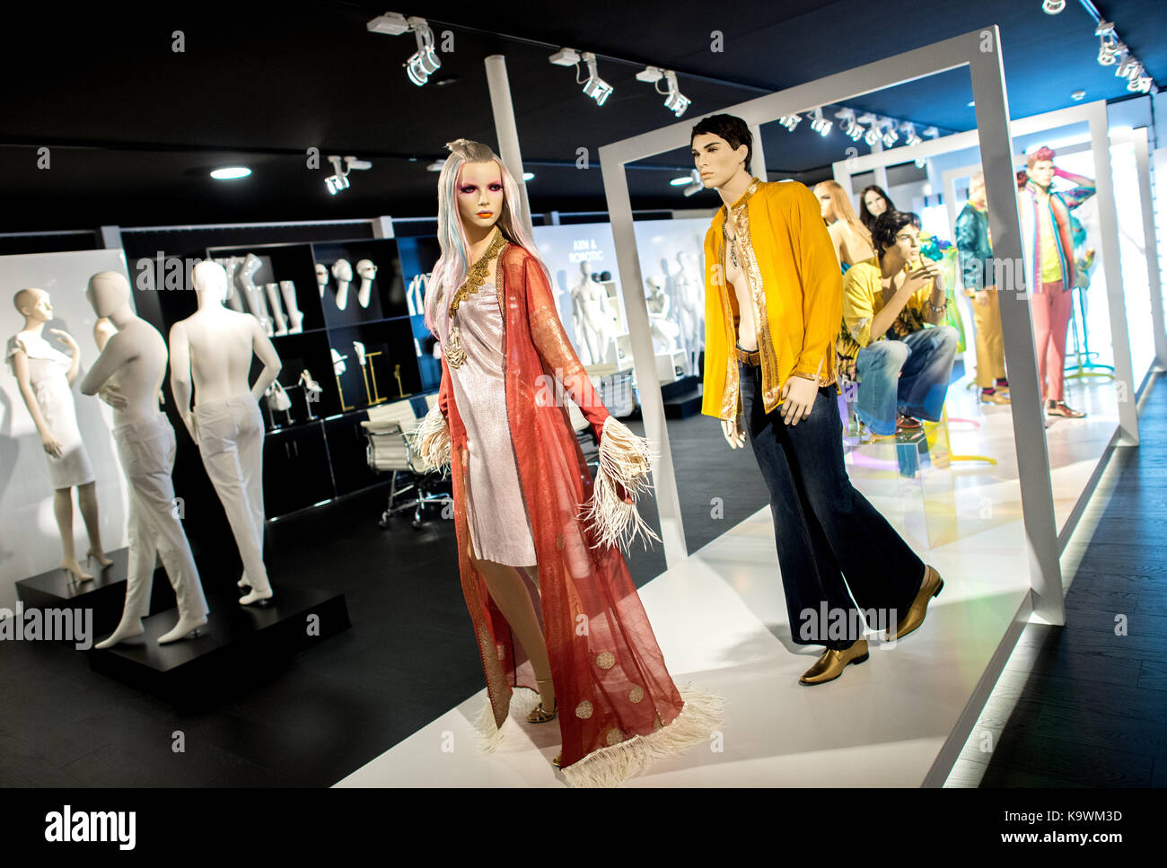 Differently designed mannequins with a detailed eye area and wigs are ...