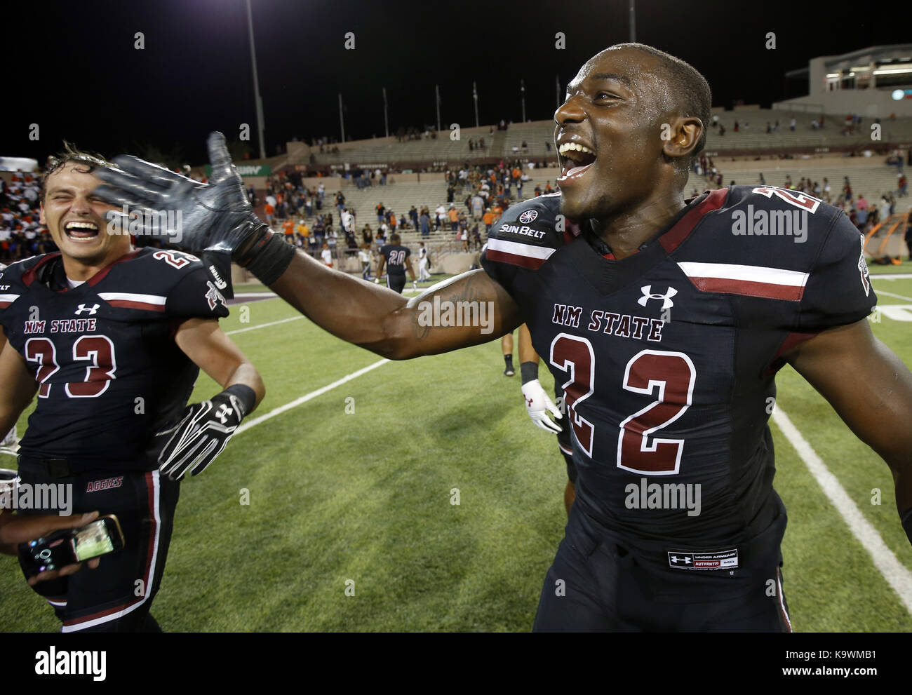 Las Cruces, NM, USA. 23rd Sep, 2017. New Mexico State defensive backs ...