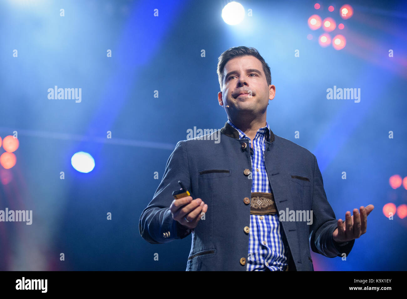 Munich, Germany. 24th Sep, 2017. Event founder Felix Haas speaking at ...