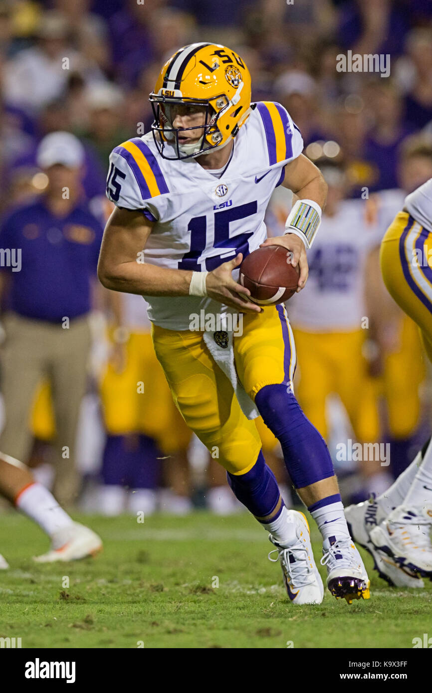 September 23, 2017: LSU Tigers quarterback Myles Brennan (15) hands ...