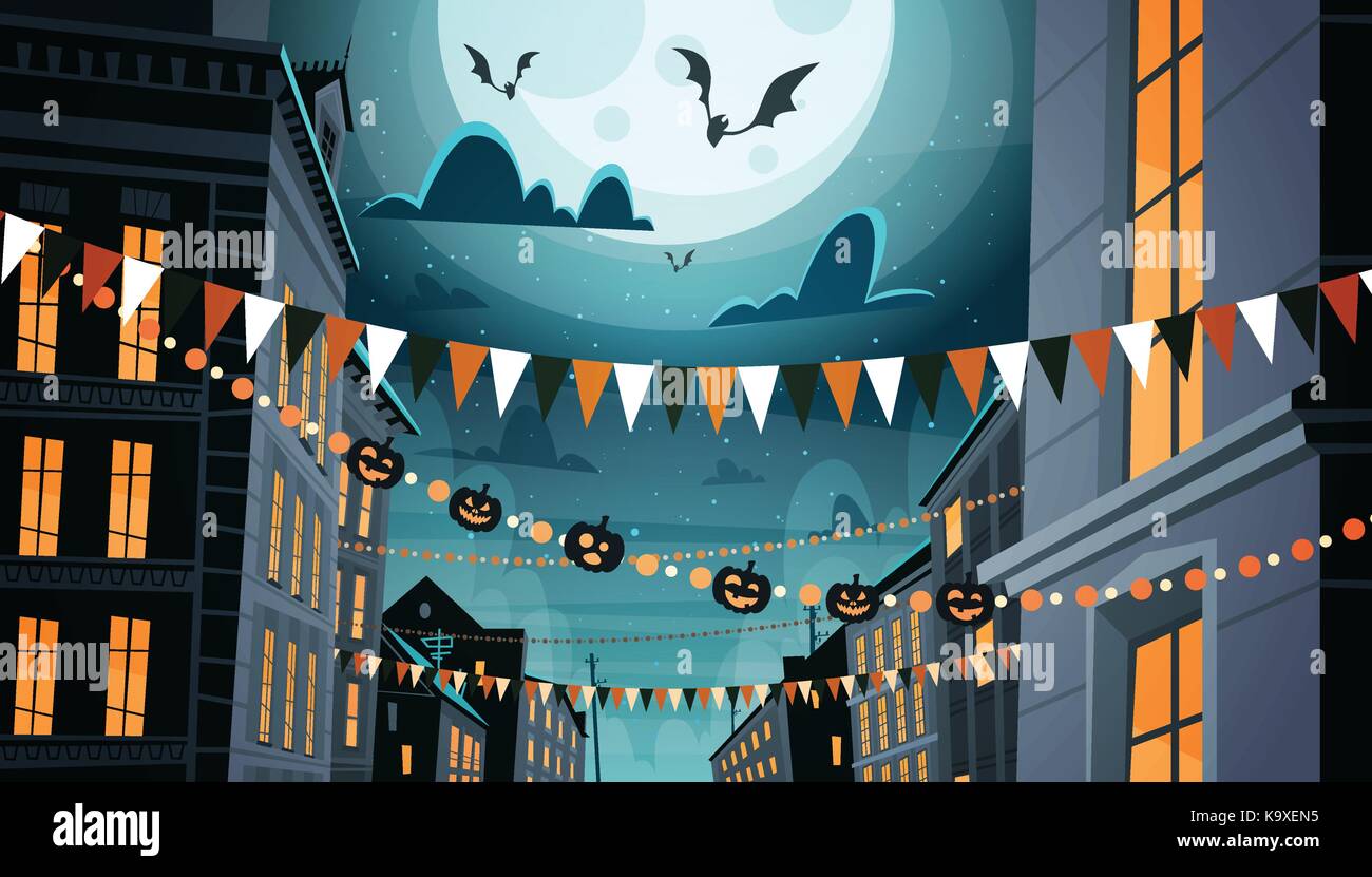 City Decorated For Halloween Celebration Home Building With Pumpkins ...