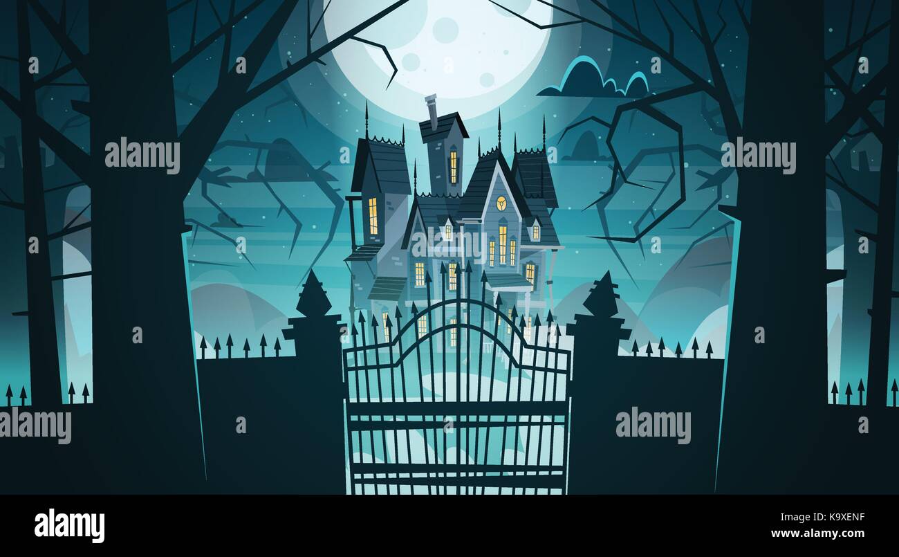 Gothic Castle Behind Gates In Moonlight Scary Building With Ghosts ...