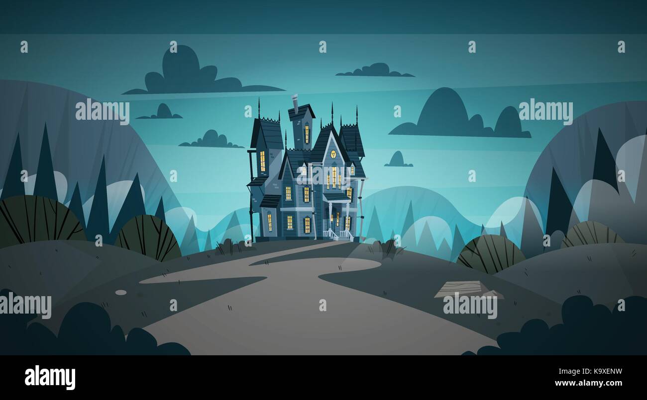 Gothic Castle House In Moonlight Scary Building With Ghosts Halloween ...