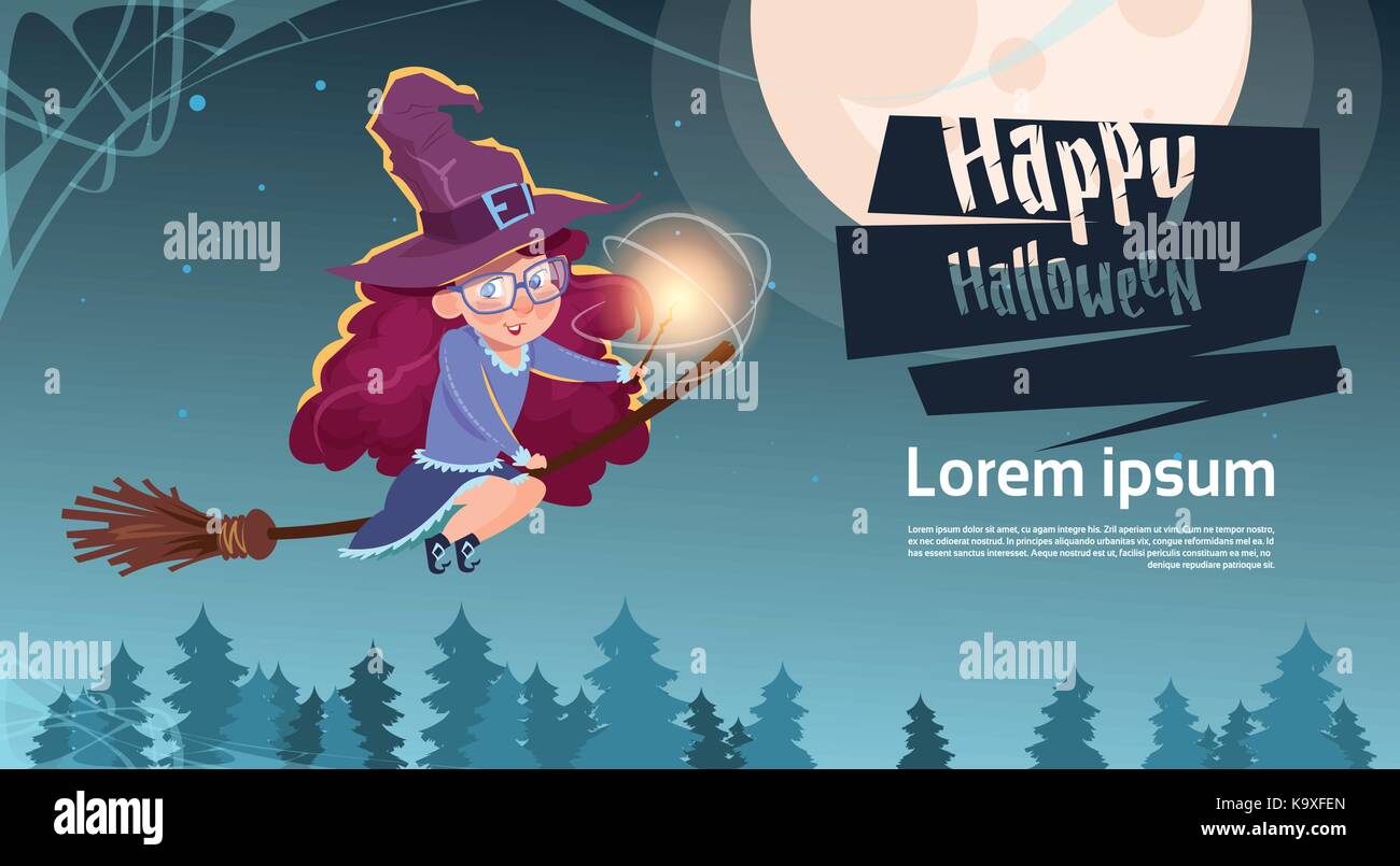 Cute Witch Fly On Broom Stick, Happy Halloween Banner Party Celebration ...