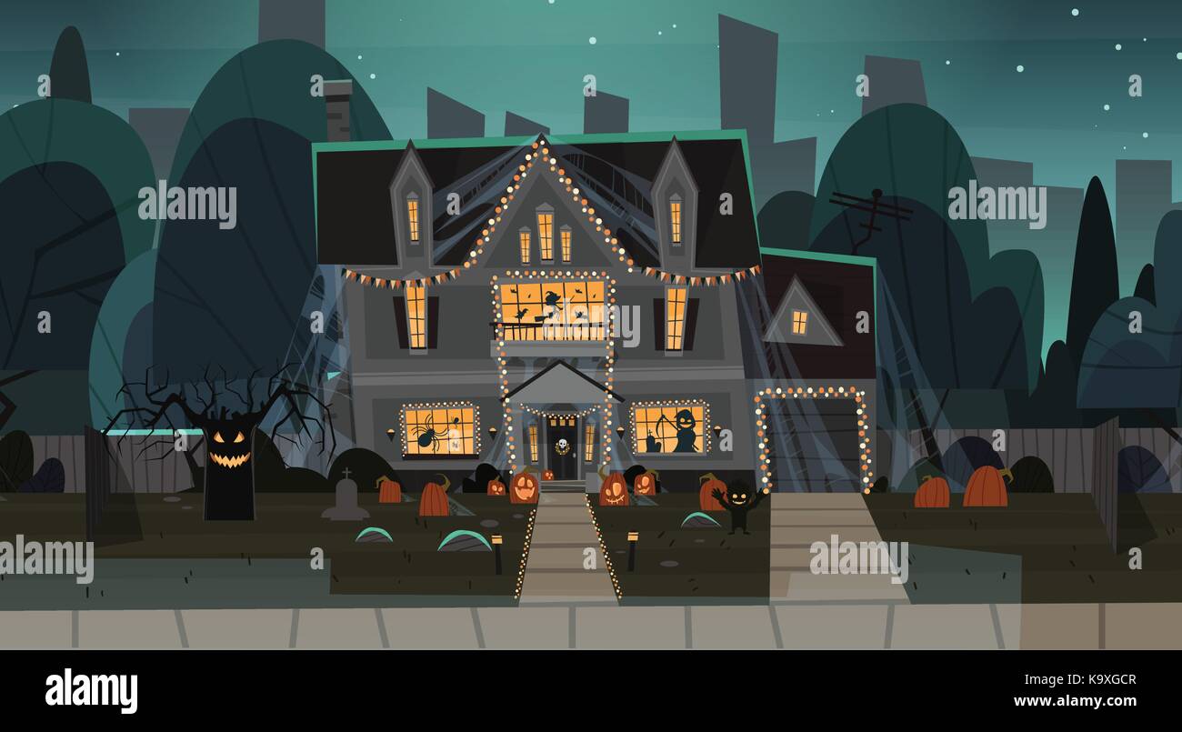 House Decorated For Halloween Home Building Front View With Different ...
