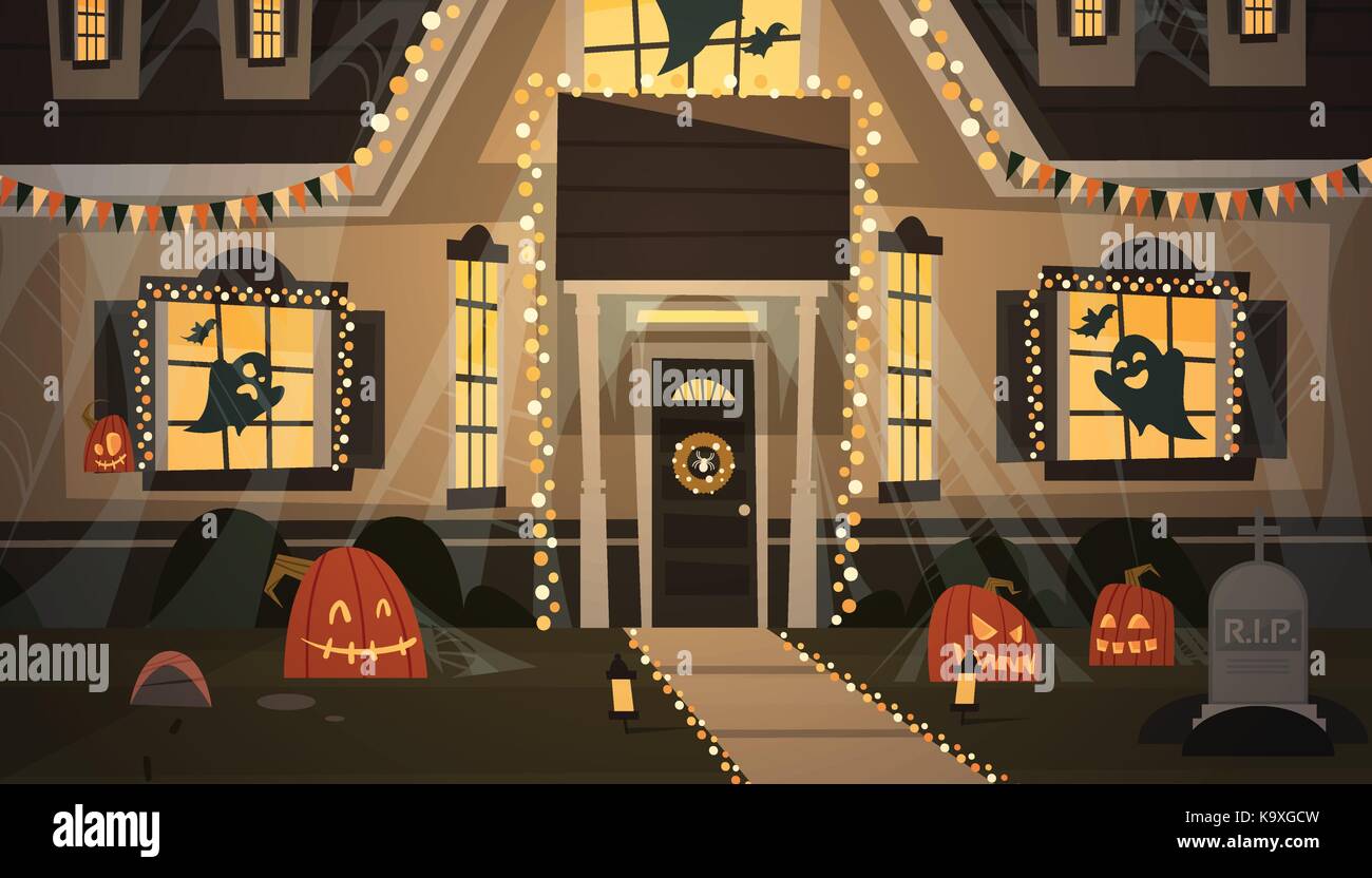House Decorated For Halloween Home Building Front View With Different ...