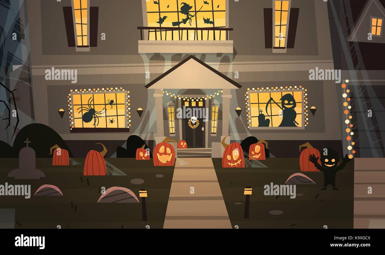House Decorated For Halloween Home Building Front View With Different ...
