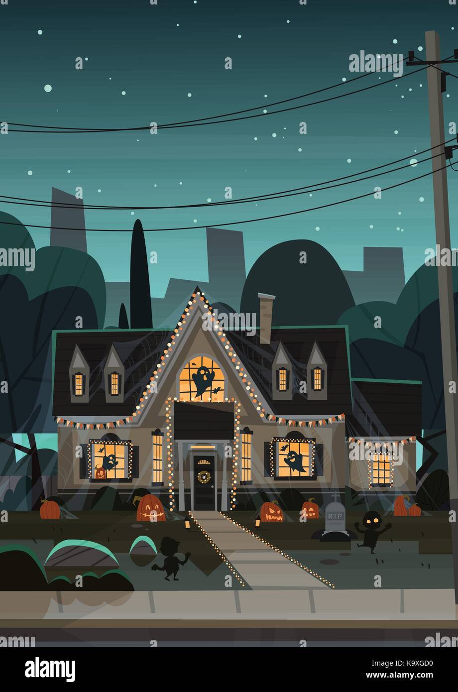 House Decorated For Halloween Home Building Front View With Different ...