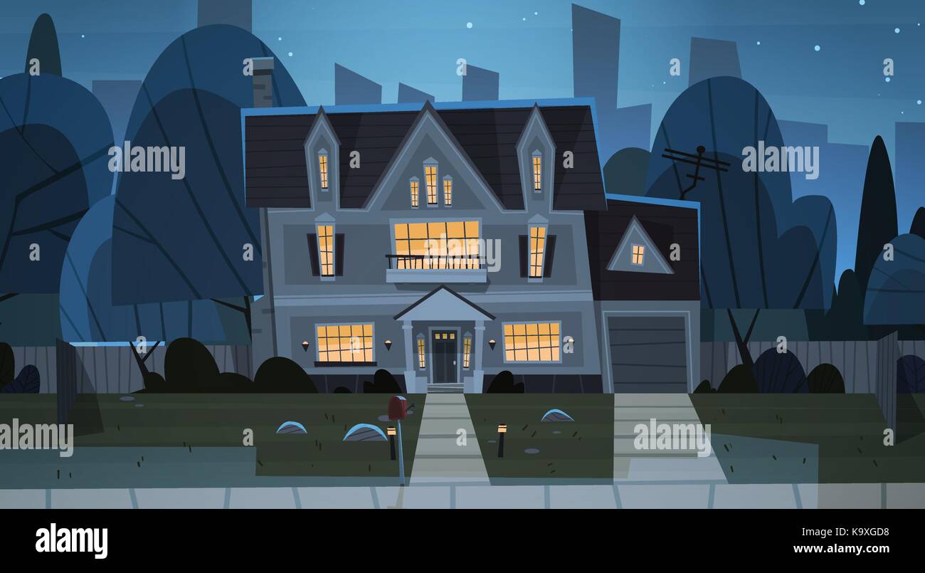 House Building Night View Suburb Of Big City, Cottage Real Estate Cute ...