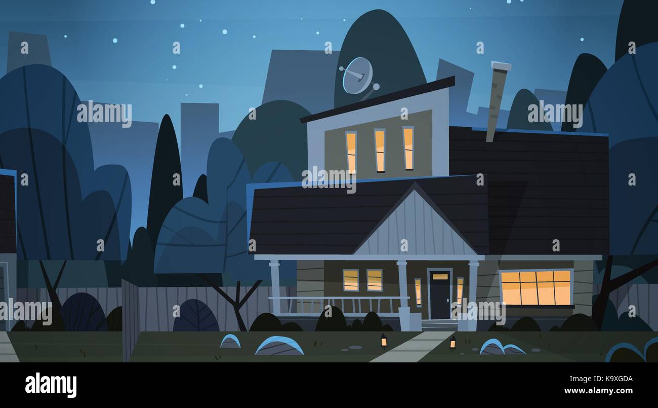 House Building Night View Suburb Of Big City, Cottage Real Estate Cute ...