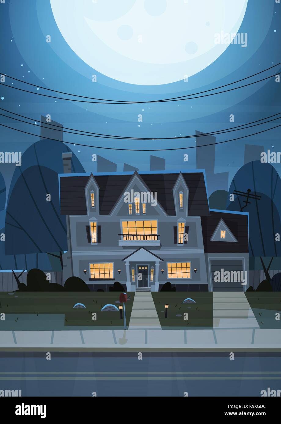 House Building Night View Suburb Of Big City, Cottage Real Estate Cute ...