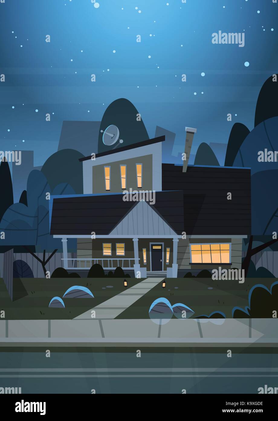 House Building Night View Suburb Of Big City, Cottage Real Estate Cute ...
