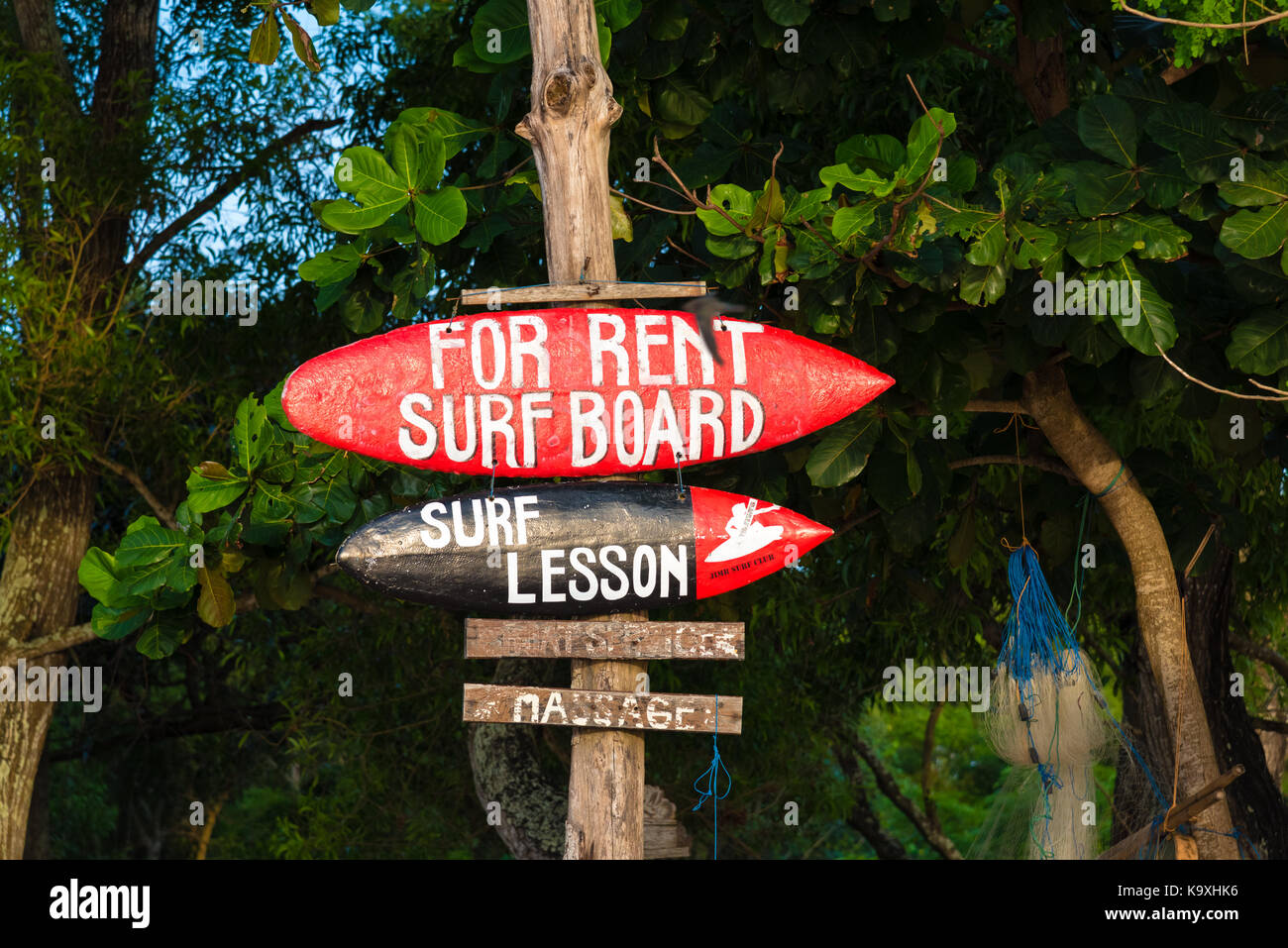 Bali, Indonesia - May 12, 2017: Sign board advertising surf lessons on ...