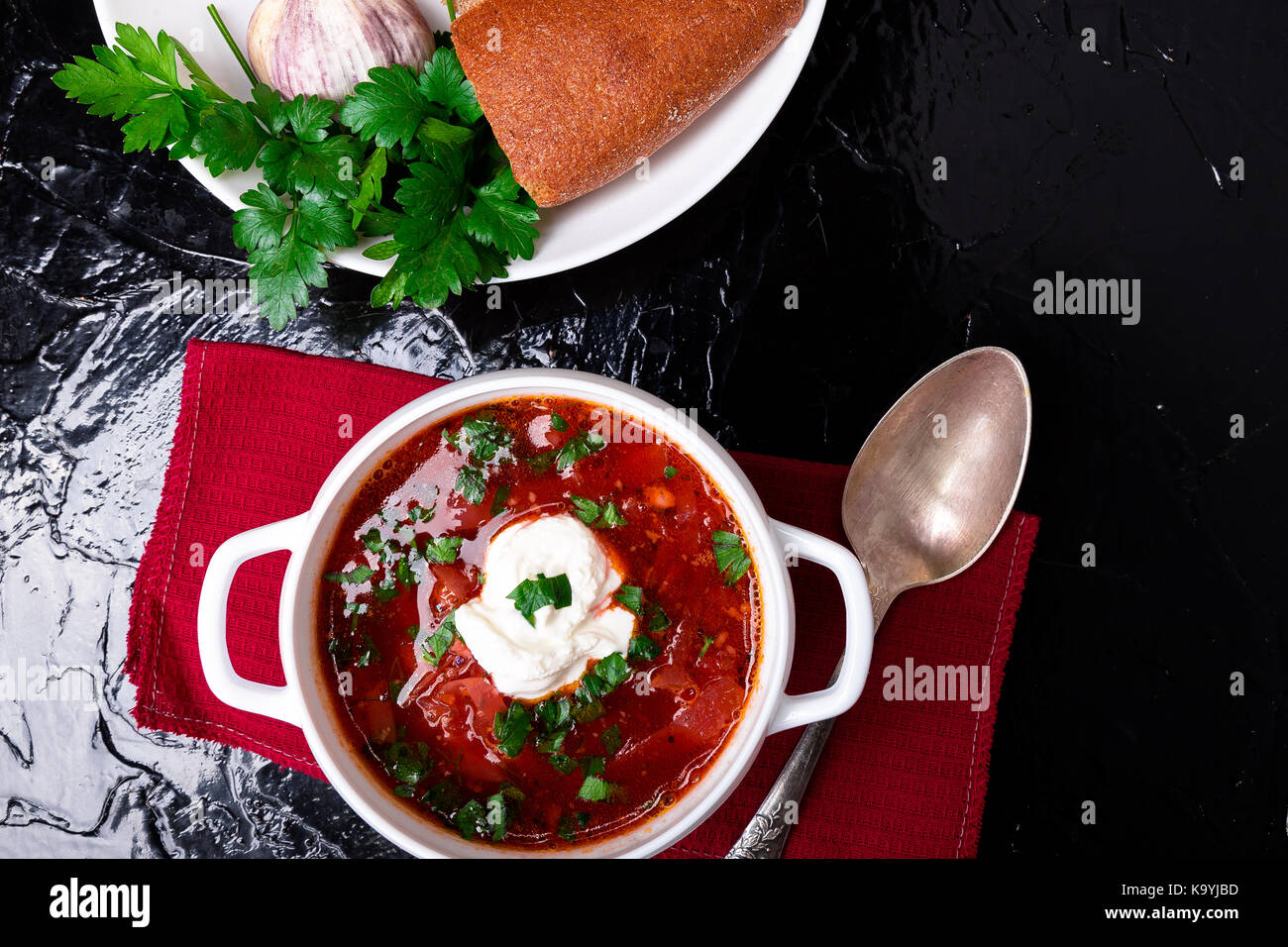 Ukrainian traditional borsch. Russian vegetarian red soup in white bowl ...