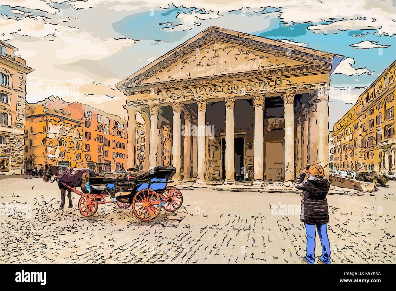tourist taking photo of monumental building in ancient square in the ...
