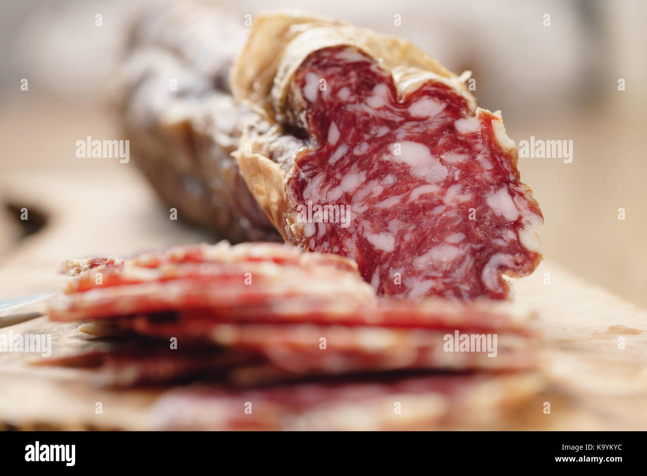 sliced italian salame close up shot, shallow focus Stock Photo - Alamy