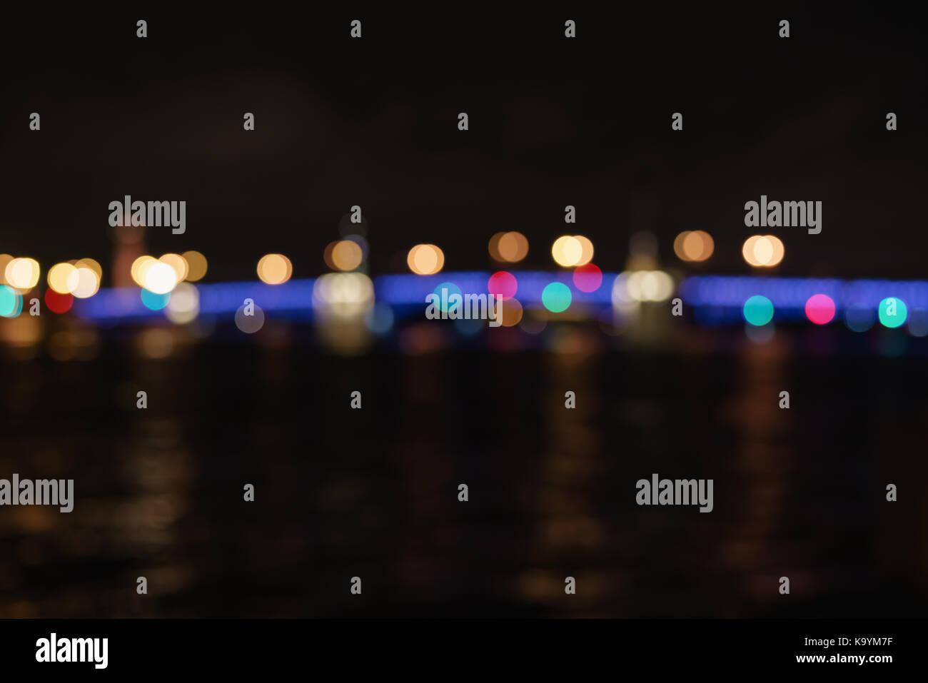 bokeh blur shot of bridge in saint-petersburg at night, real lens blur ...