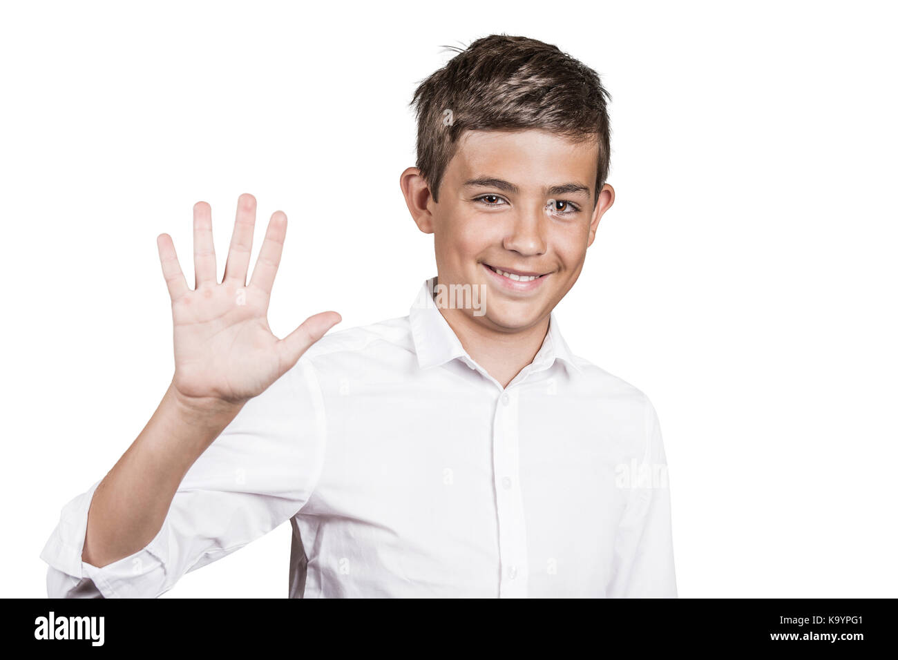 Closeup portrait, headshot happy, smiling young man making five times ...