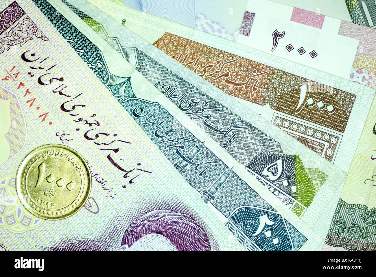 Close-up Iranian banknote and currency, Rials, Islamic Republic of Iran ...