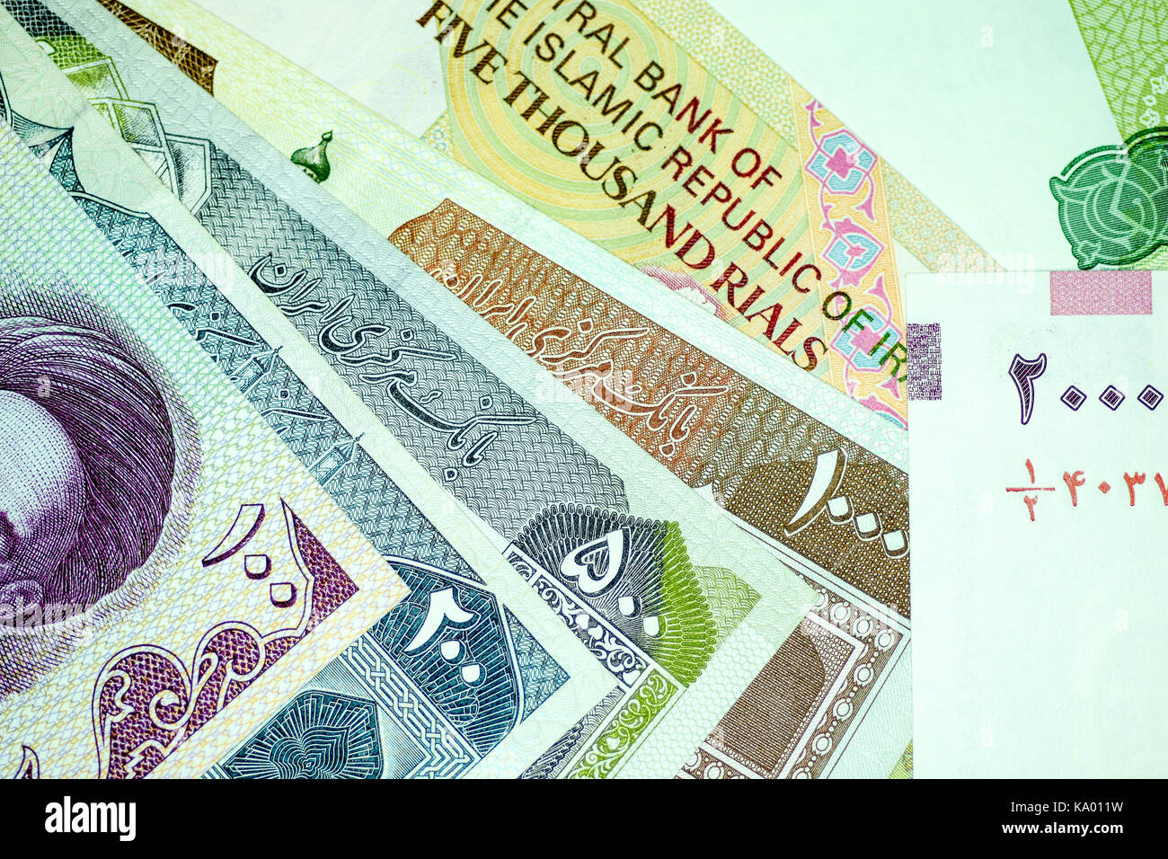 Close-up Iranian banknote and currency, Rials, Islamic Republic of Iran ...