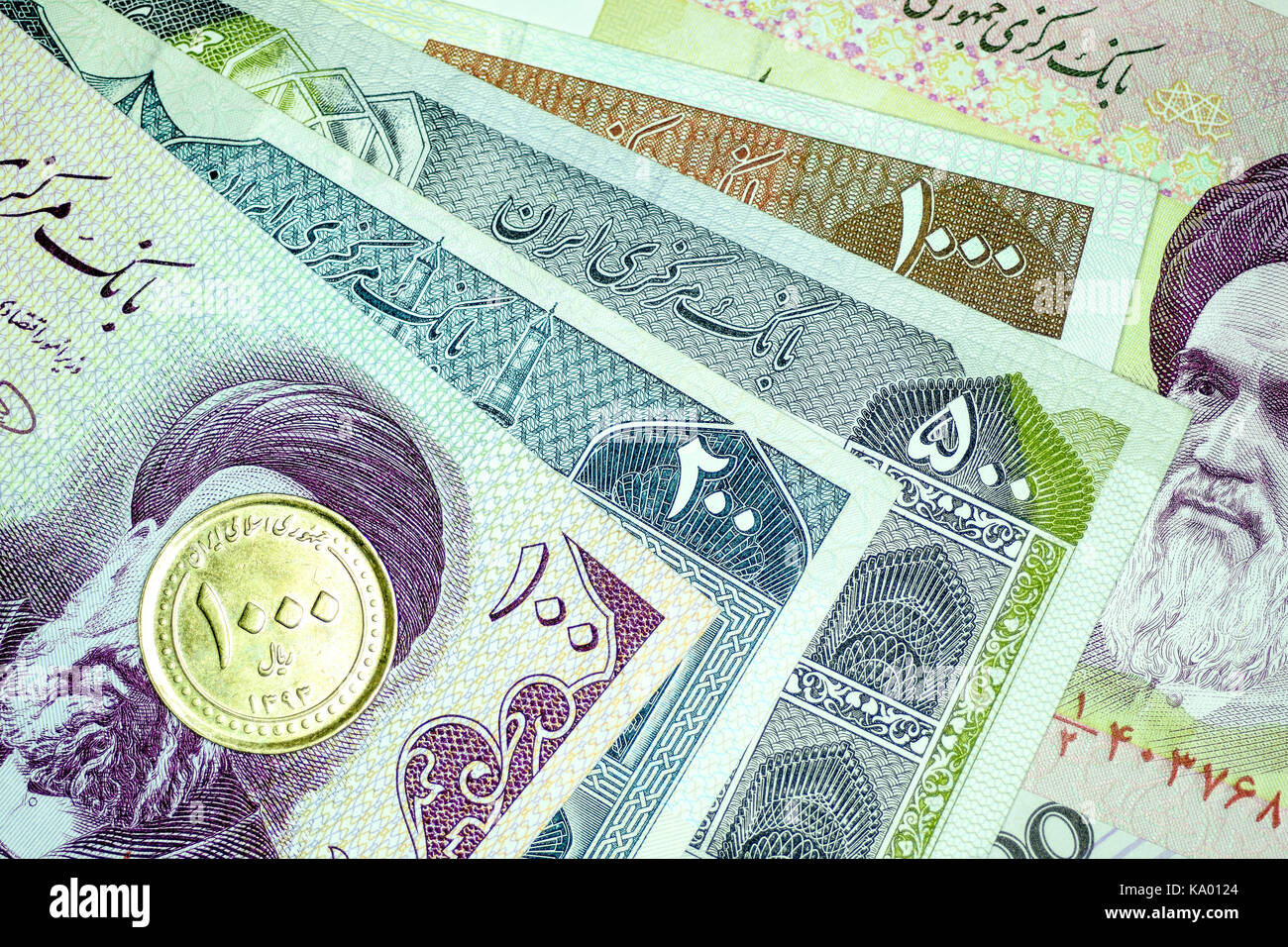 Close-up Iranian banknote and currency, Rials, Islamic Republic of Iran ...