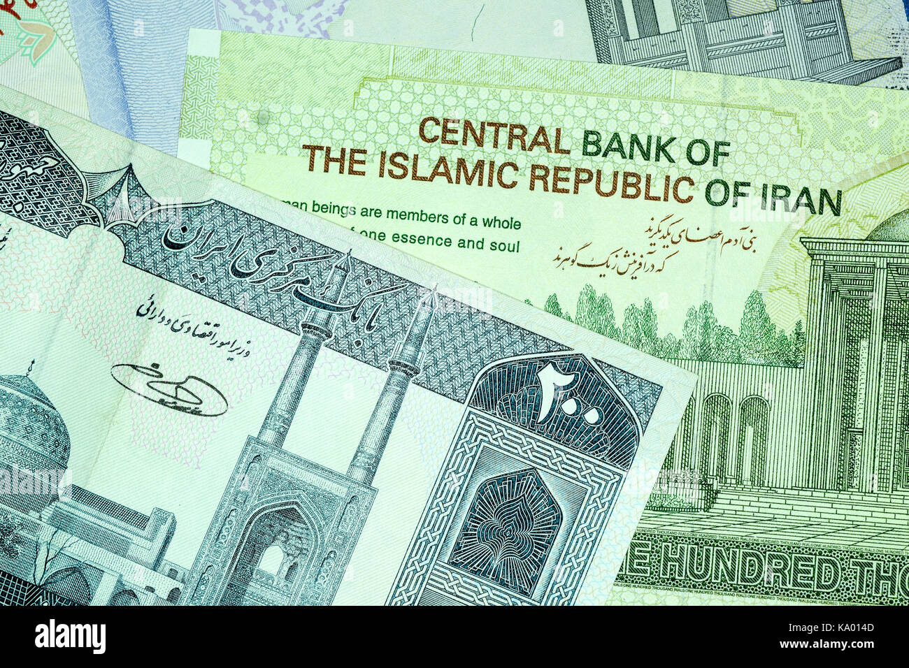 Close-up Iranian banknote and currency, Rials, Islamic Republic of Iran ...