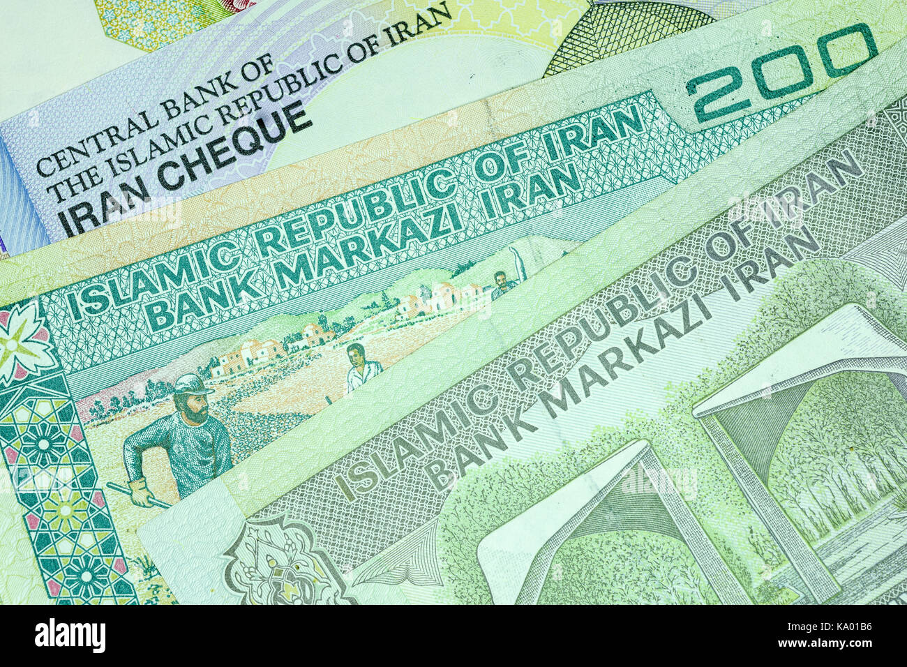 Close-up Iranian banknote and currency, Rials, Islamic Republic of Iran ...