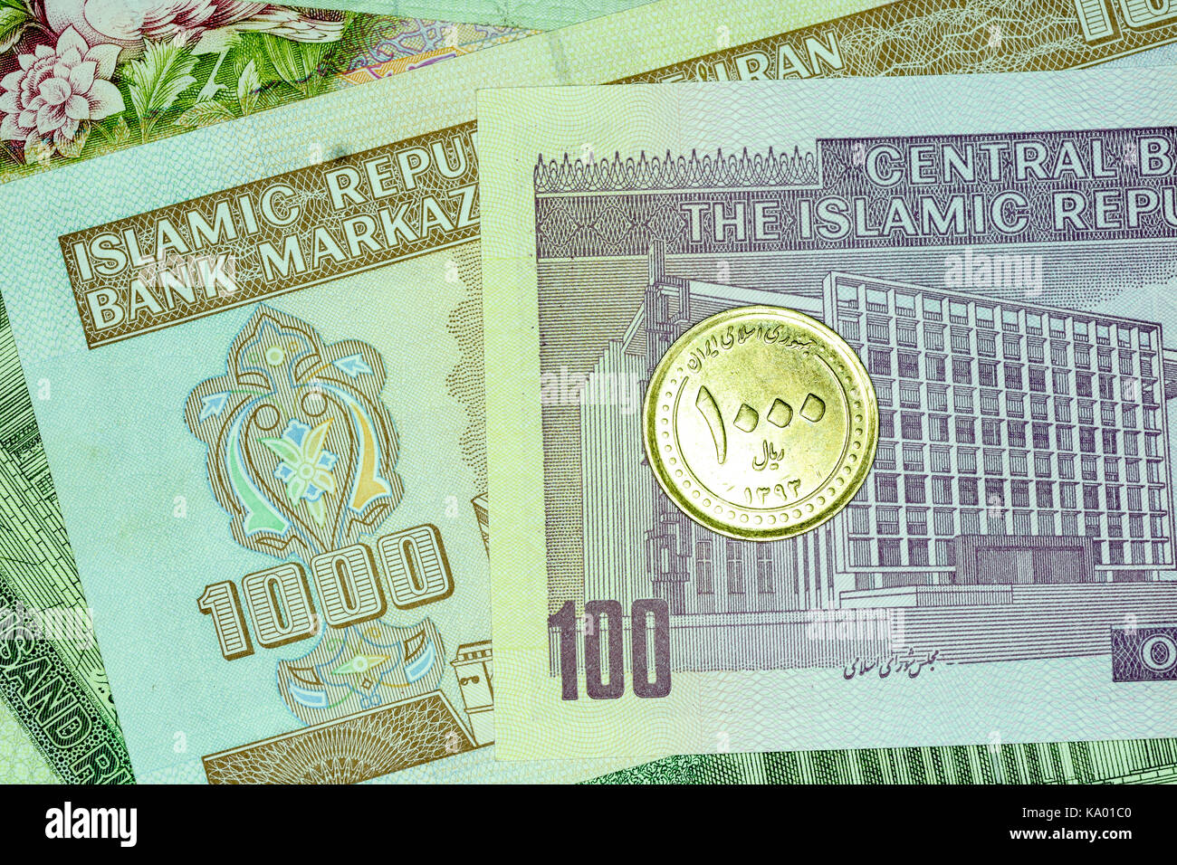 Close-up Iranian banknote and currency, Rials, Islamic Republic of Iran ...