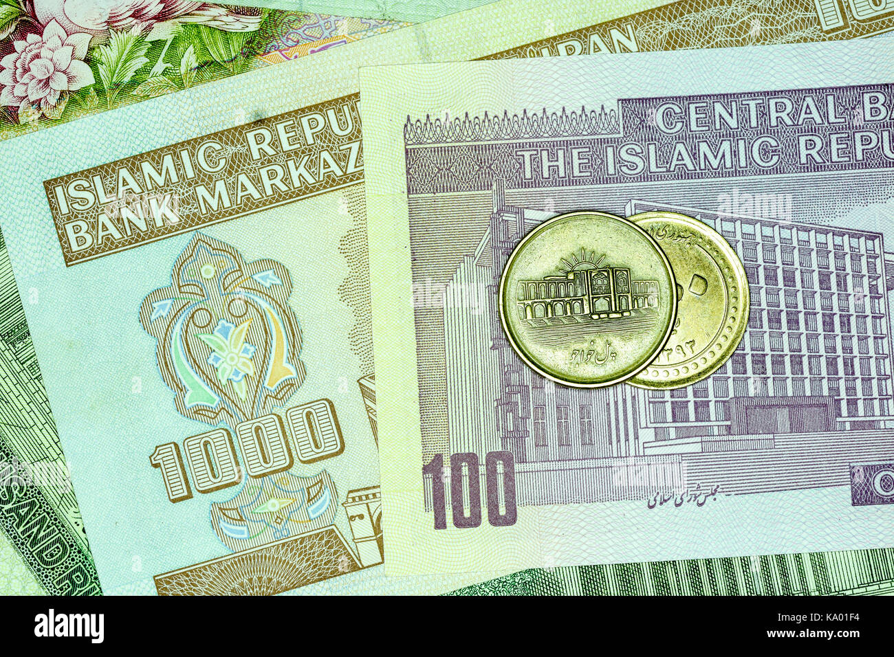 Close-up Iranian banknote and currency, Rials, Islamic Republic of Iran ...