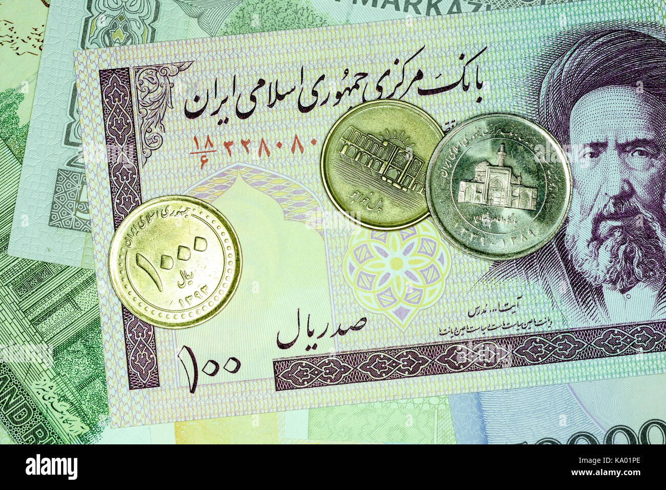 Close-up Iranian banknote and currency, Rials, Islamic Republic of Iran ...