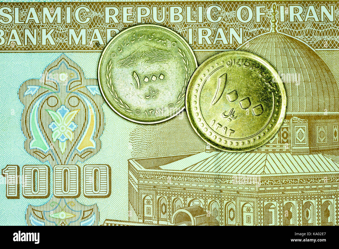 Close-up Iranian banknote and currency, Rials, Islamic Republic of Iran ...