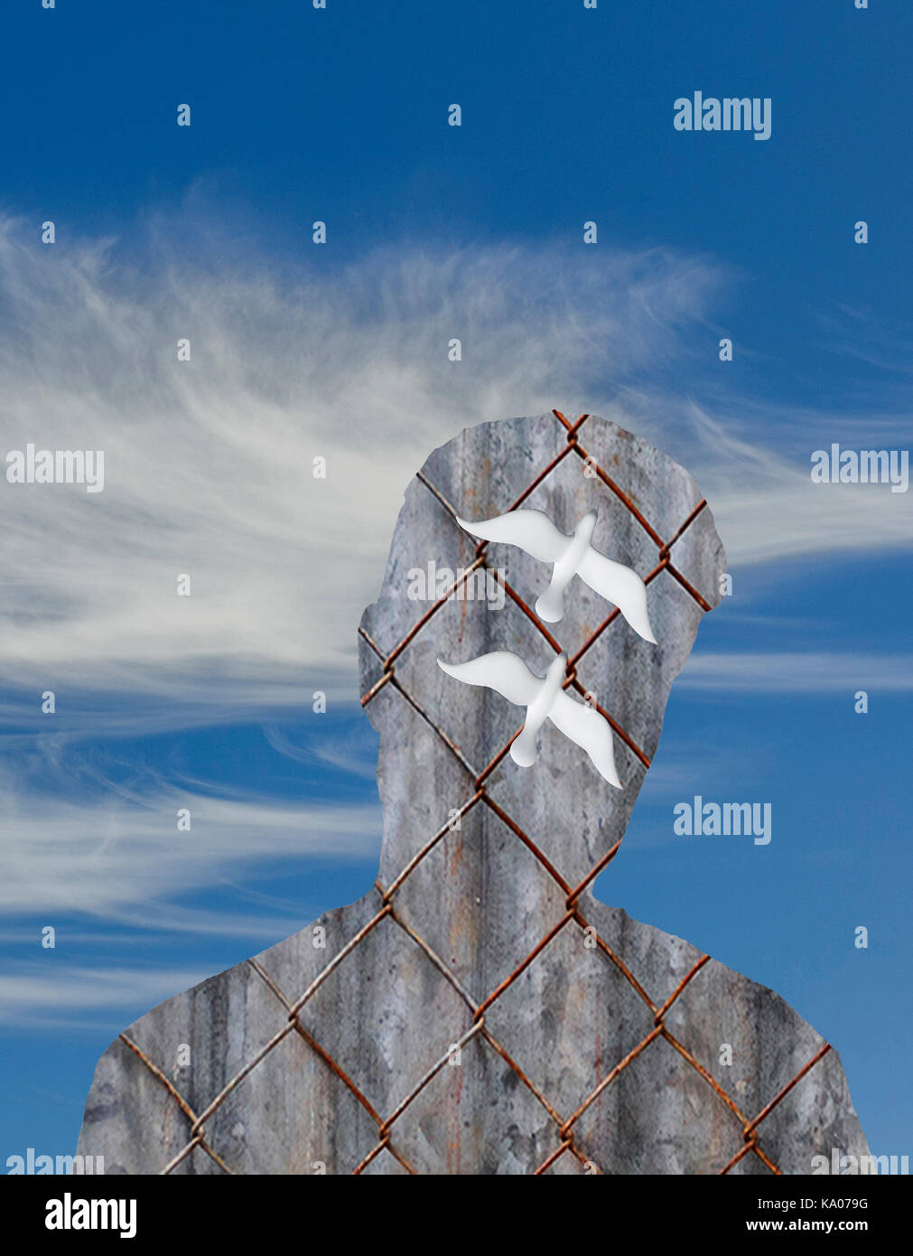 birds locked in human mind-freedom yearning to be flying able Stock ...