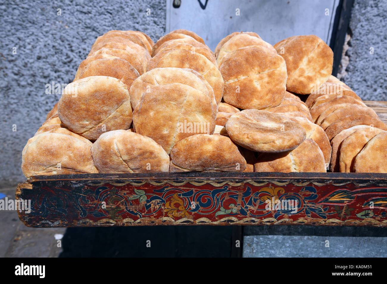 Traditional Moroccan flat bread on sale in the street in the Medina of ...