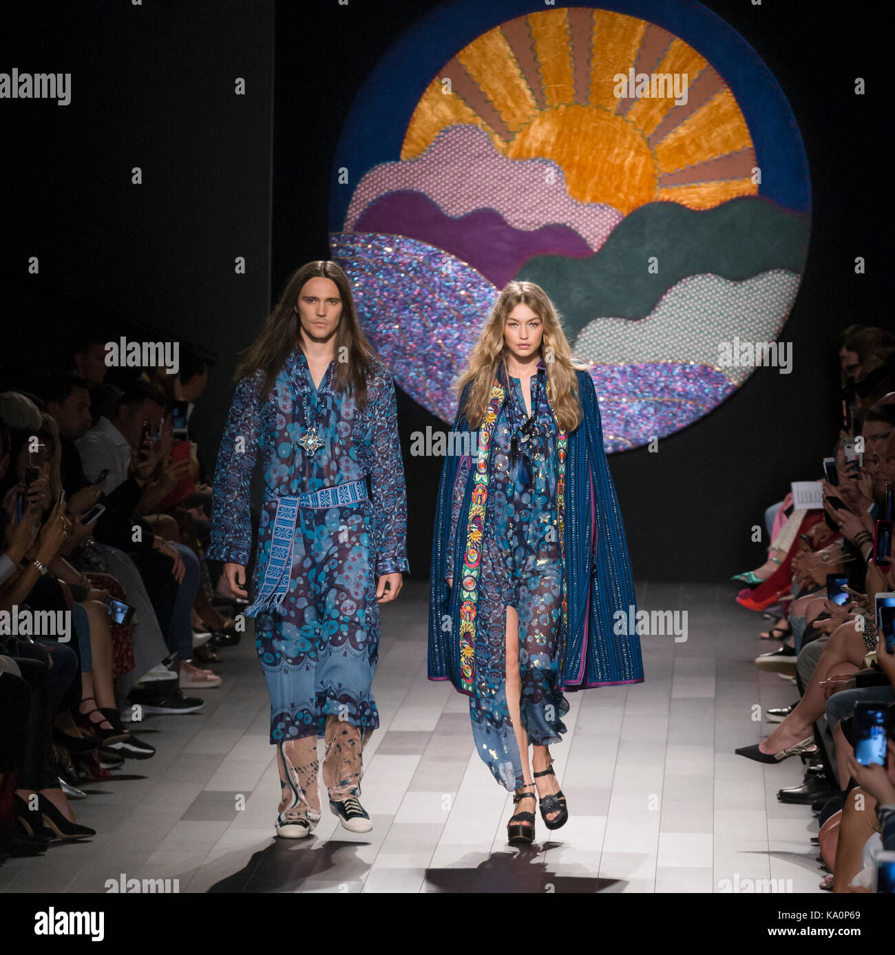 NEW YORK, NY - September 11, 2017: Matthew Sinnaeve and Gigi Hadid walk ...