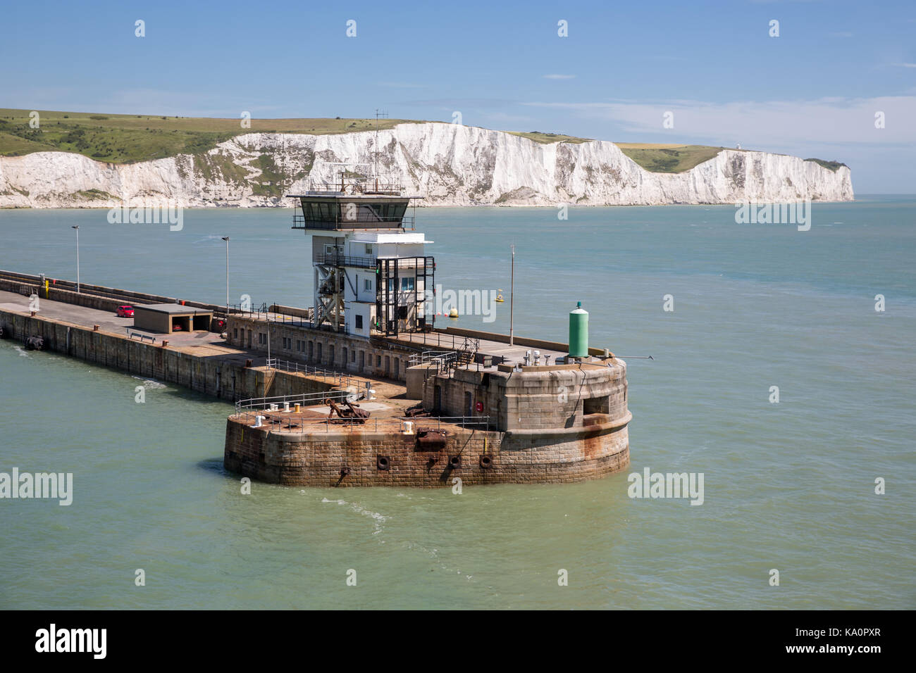 View at harbor of Dover with pier and white cliffs Stock Photo - Alamy