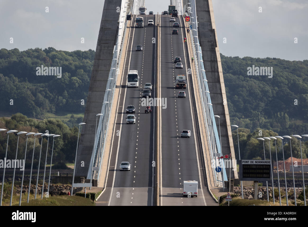 Traffic at Pont de Normandie, bridge over river Seine near Le Havre in ...